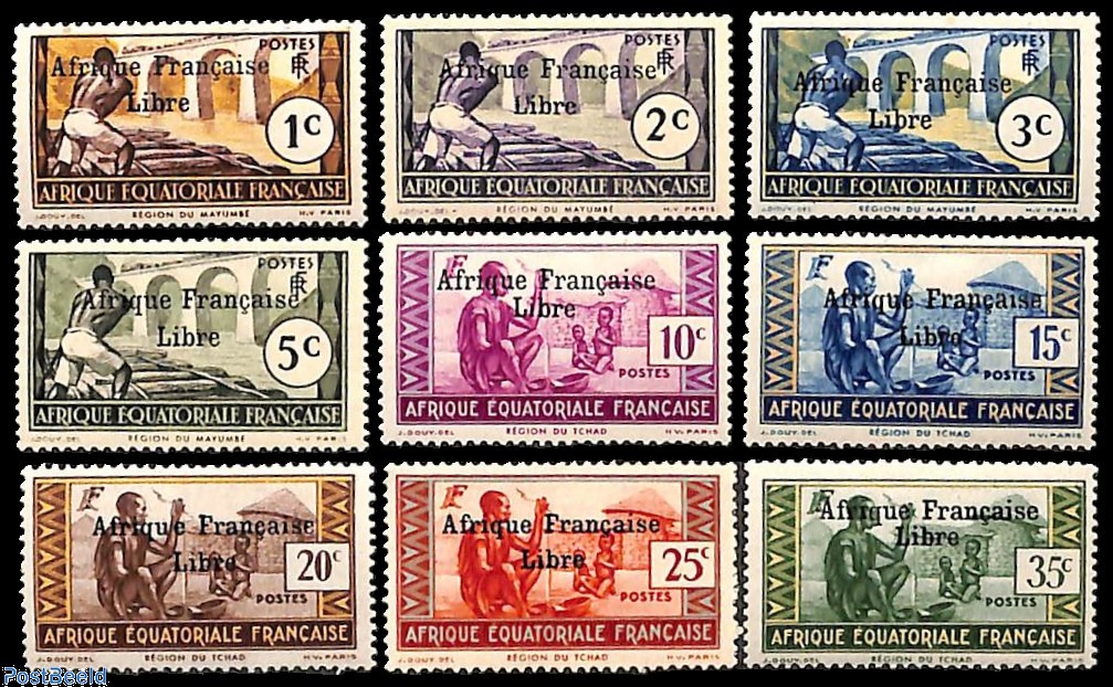 Stamp 1941, French Equatorial Africa Afrique Francaise Libre 9v, 1941 ...