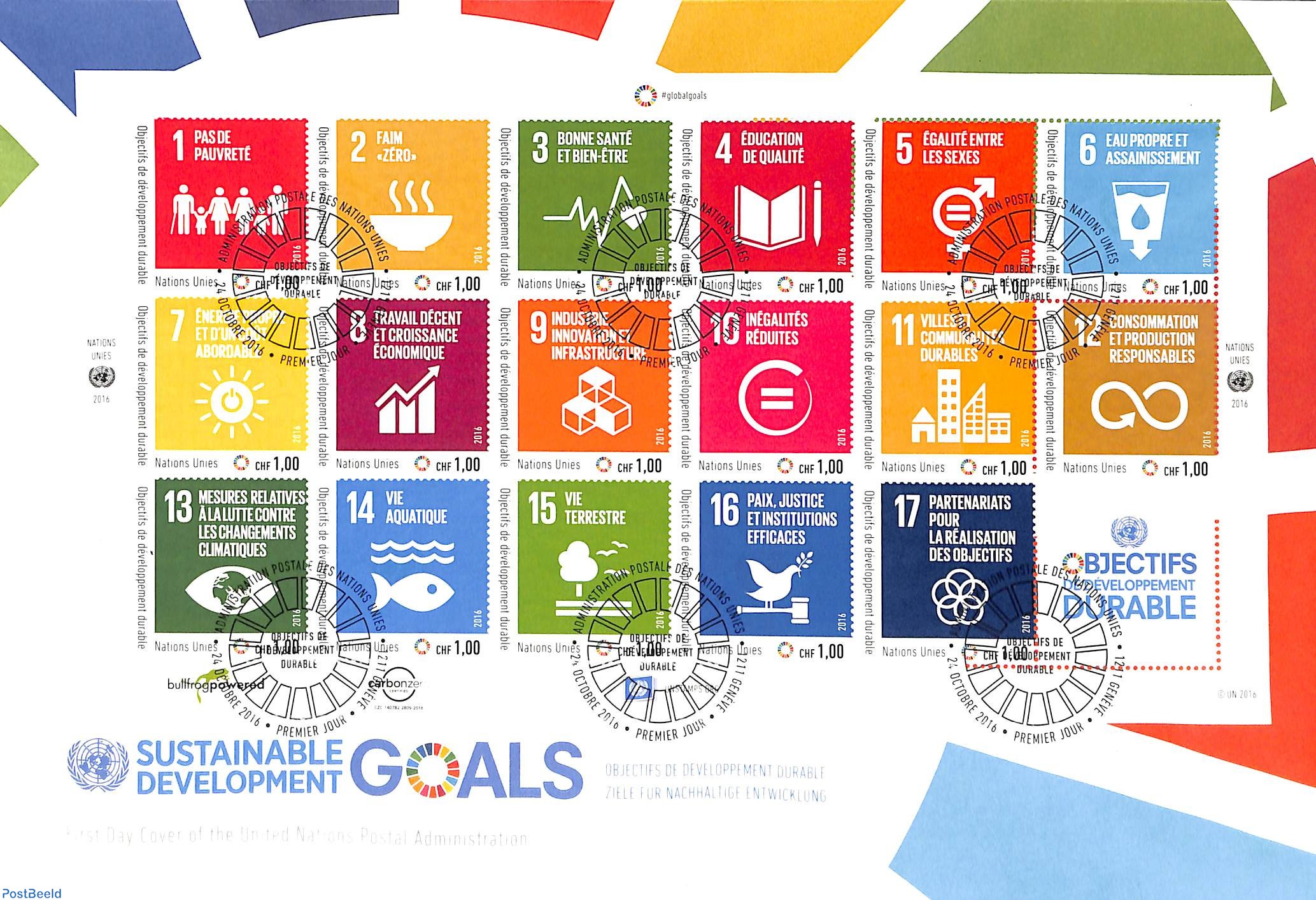 Stamp 2016, United Nations, Geneva Sustainable Development Goals 17v m ...