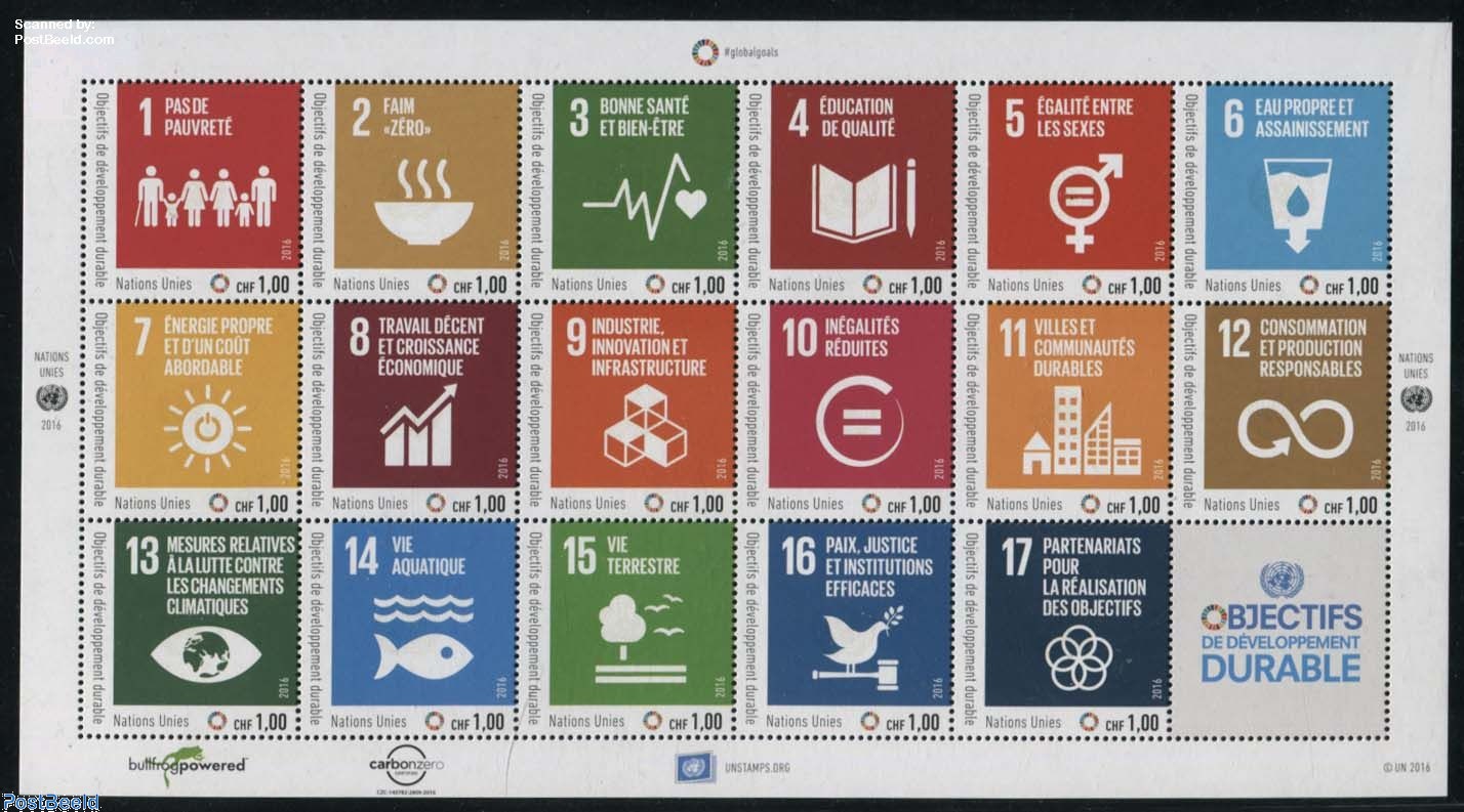 Stamp 2016, United Nations, Geneva Sustainable Development Goals 17v m ...